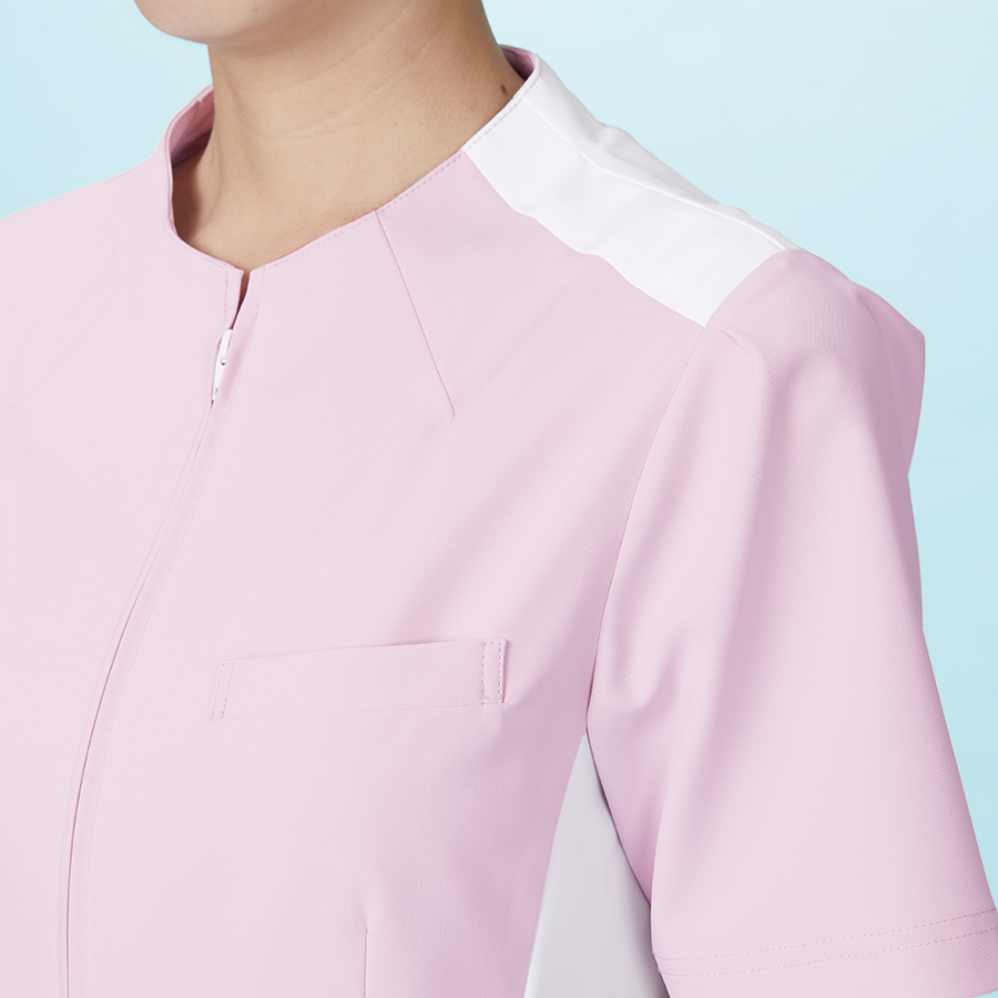 【KAZEN/株式会社アプロンワールド-764-41】レディースジャケット半袖（サックス×ホワイト）【ストレッチセンサー】 [医療白衣ユニフォーム.com]