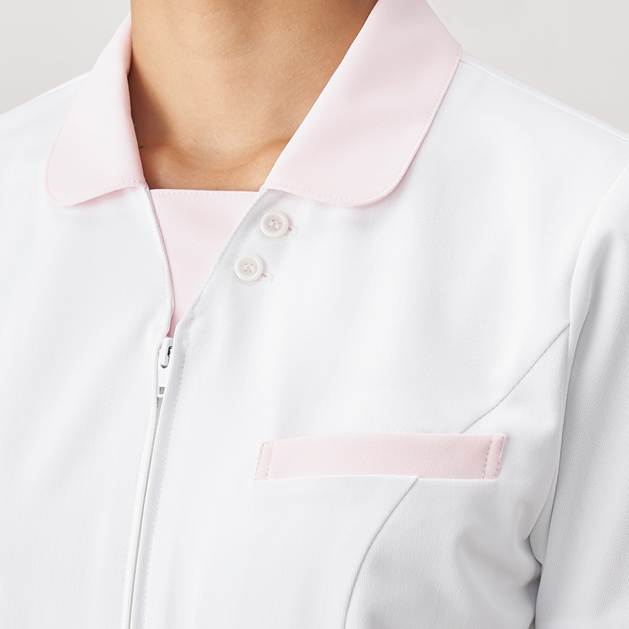 【KAZEN/株式会社アプロンワールド-779-21】レディースジャケット半袖（ホワイト×サックス）【ソフトトリコット】 [医療白衣ユニフォーム.com]