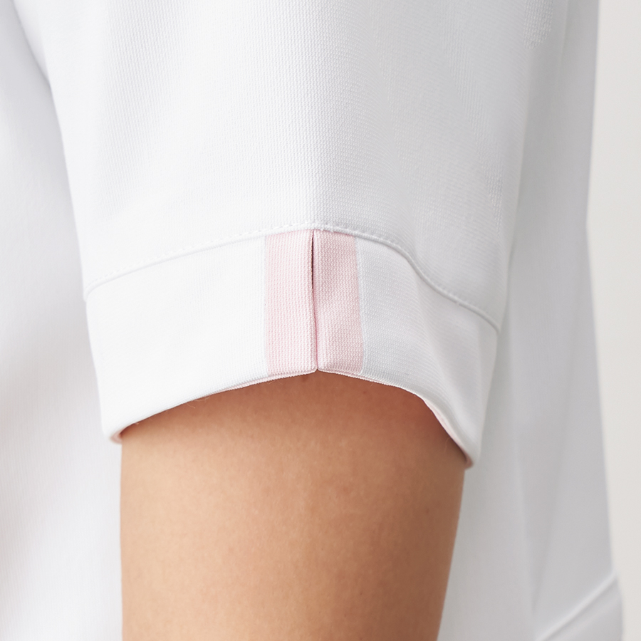 【KAZEN/株式会社アプロンワールド-779-21】レディースジャケット半袖（ホワイト×サックス）【ソフトトリコット】 [医療白衣ユニフォーム.com]