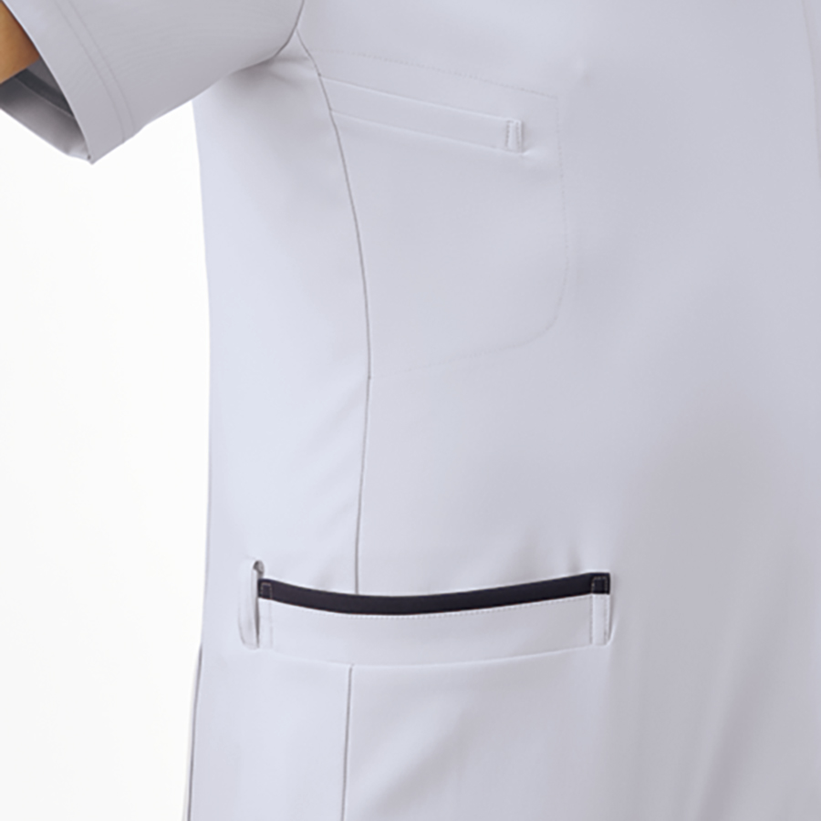 【KAZEN/カゼン-KZN702-41】レディーススクラブジャケット半袖（シャンビーブルー×ネイビー）【コンフォートストレッチツイル】 [医療白衣ユニフォーム.com]