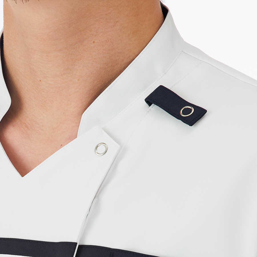 【KAZEN/カゼン-KZN706-43】男女兼用スクラブジャケット半袖（アンティークローズ×ネイビー）【コンフォートストレッチツイル】 [医療白衣ユニフォーム.com]