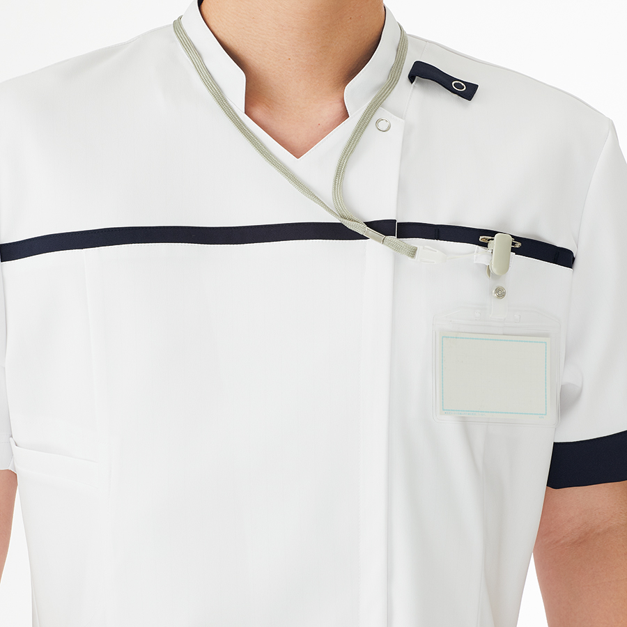 【KAZEN/カゼン-KZN706-49】男女兼用スクラブジャケット半袖（カーキ×ネイビー）【コンフォートストレッチツイル】 [医療白衣ユニフォーム.com]