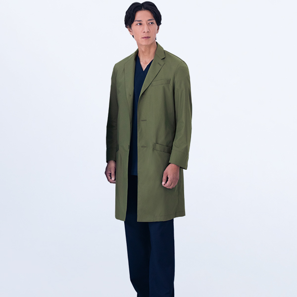 【KAZEN/カゼン-KZN115-49】男女兼用ユーティリティコート（カーキ）【コンフォートストレッチツイル 】 [医療白衣ユニフォーム.com]
